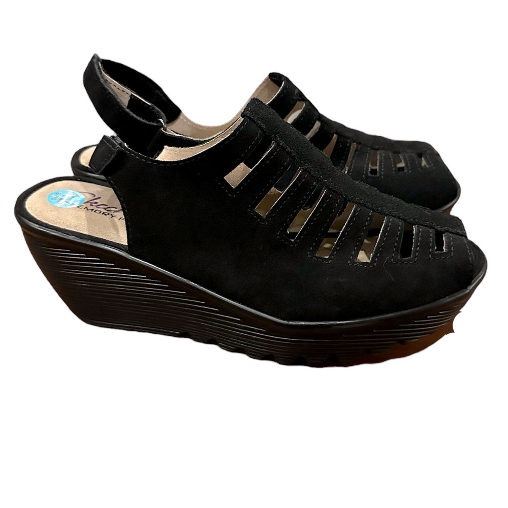 Skechers Parallel Trapezoid Black Suede Wedge Sandals… - Gem